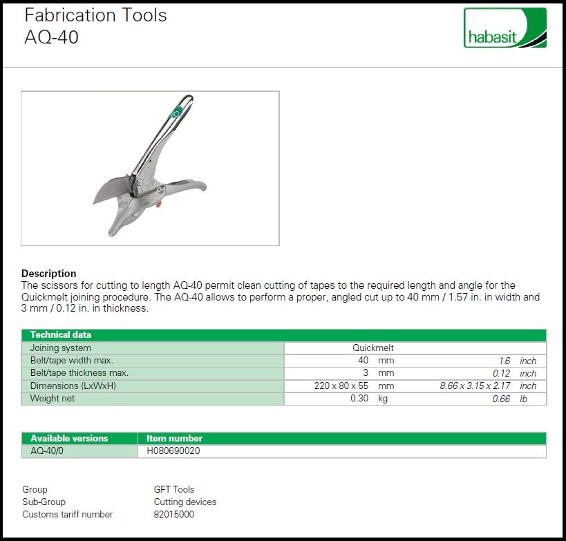 AQ-40 - Habasit Quickmelt Cutter 40mm | Update Ltd